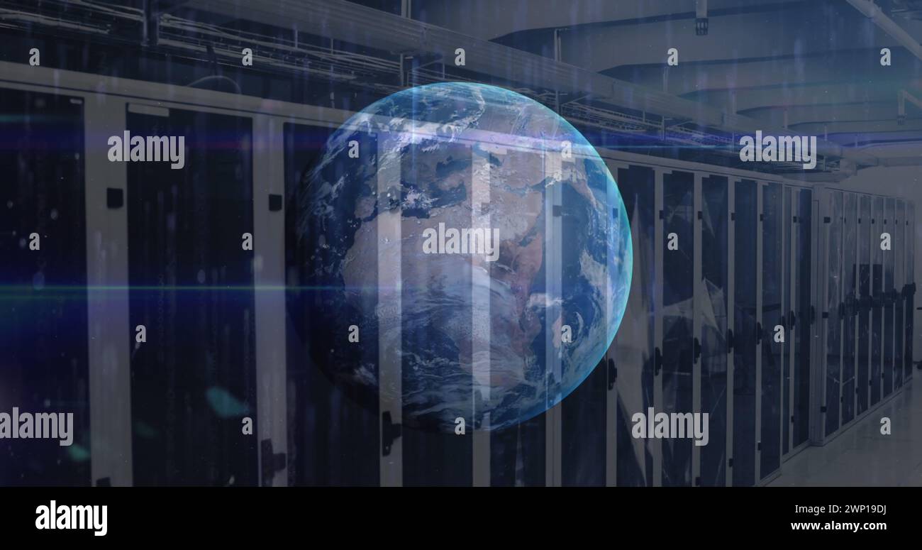 Image of globe, blue light trails and plexus networks against computer server room Stock Photo ...
