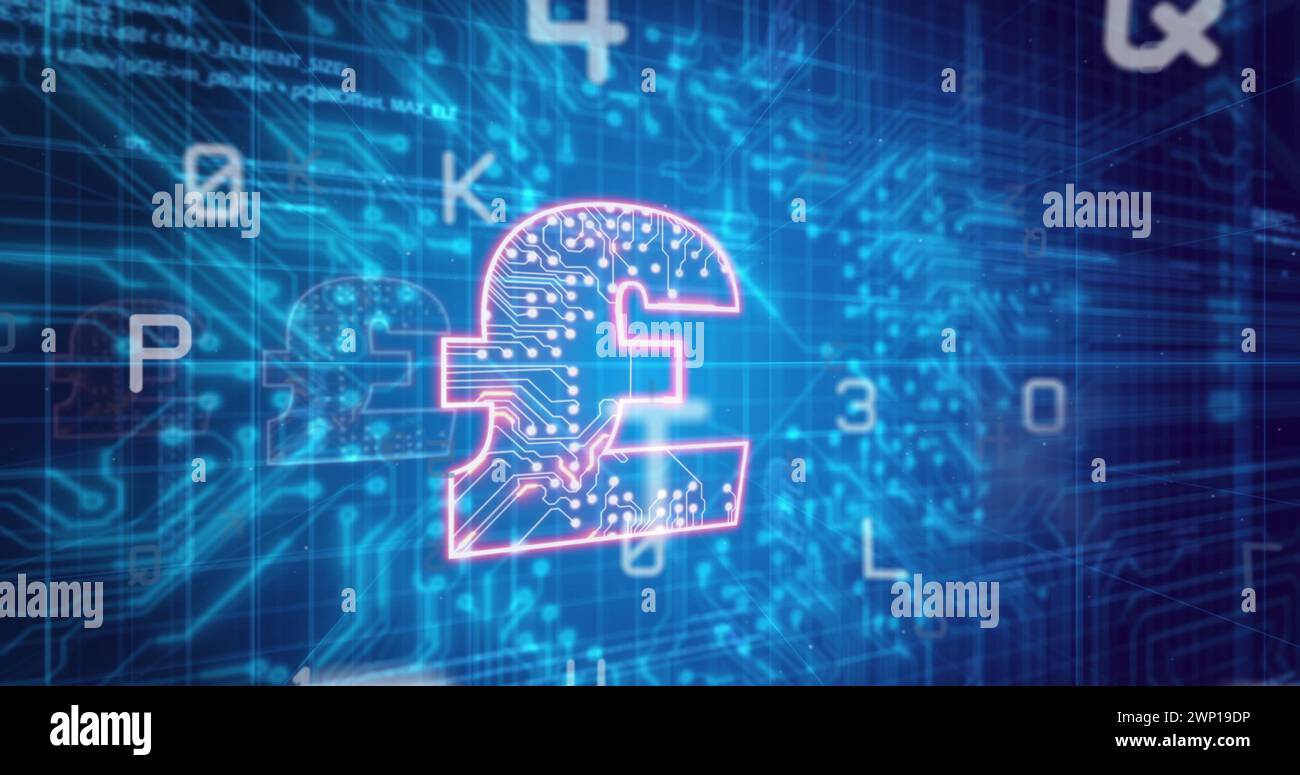 Image of numbers and pound over blue background with integrated circuit ...