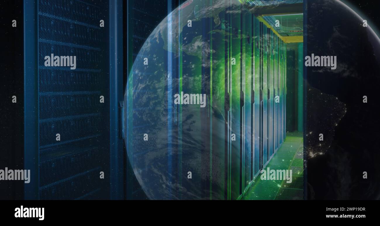 Image of a globe against computer server room Stock Photo - Alamy