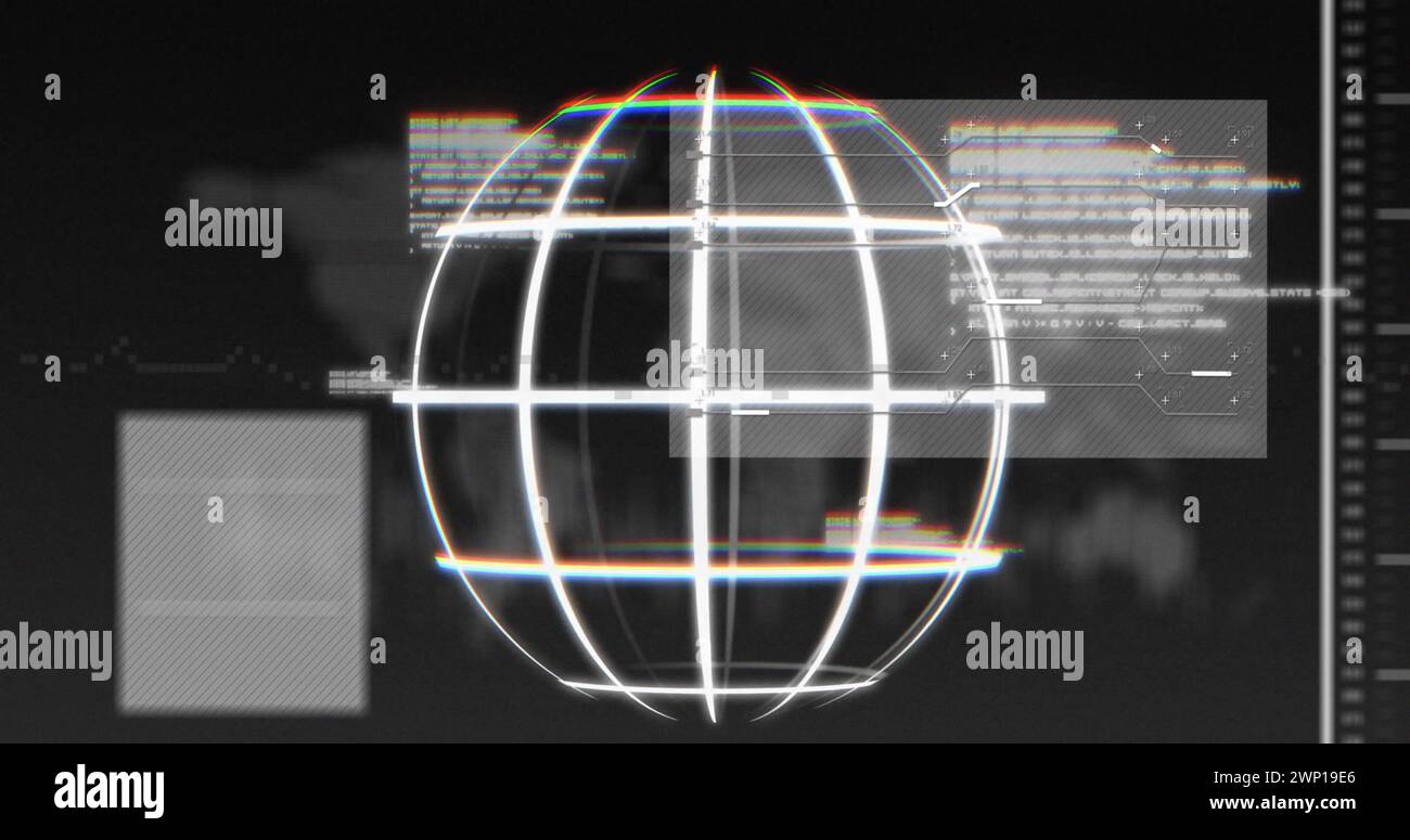 Image of world map, data and globe on black background Stock Photo - Alamy
