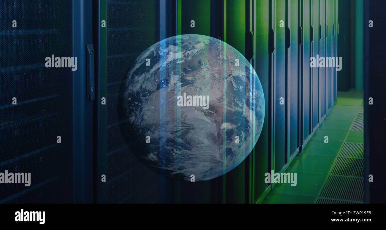 Image of a globe against computer server room Stock Photo - Alamy