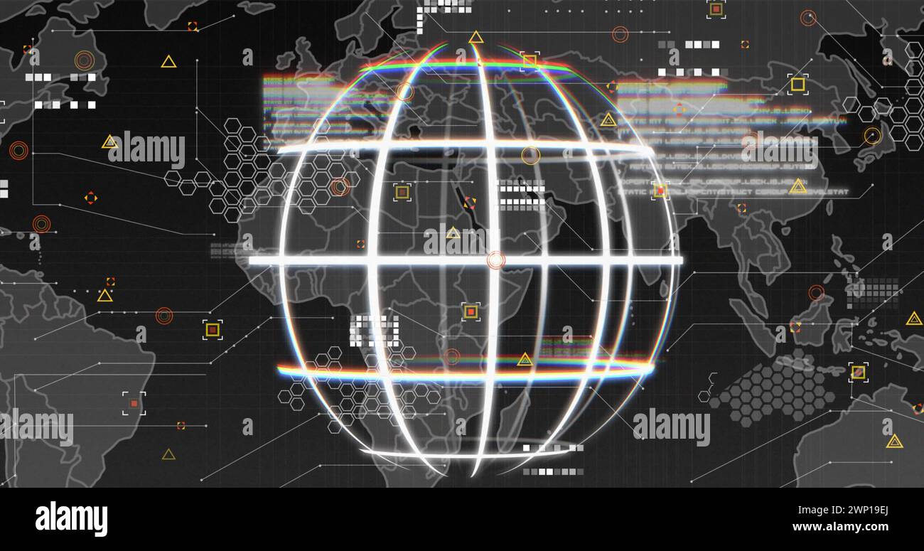 Image of data, world map, connections and globe on black background ...