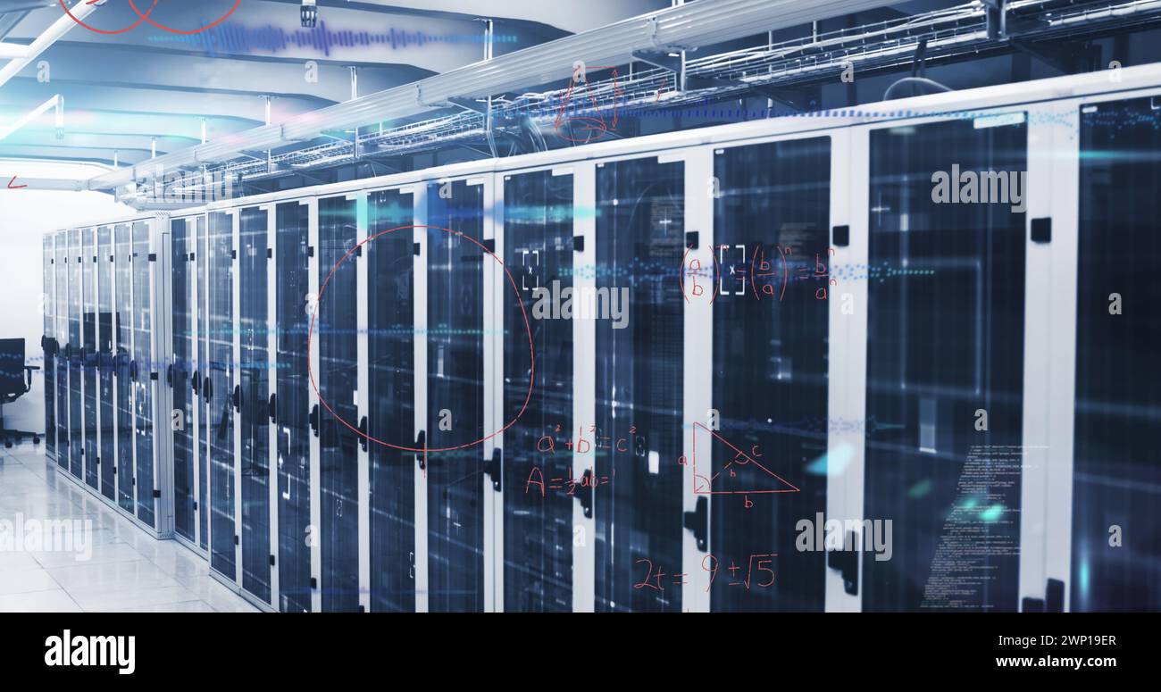 Image of mathematical equations and data processing against computer server room Stock Photo - Alamy