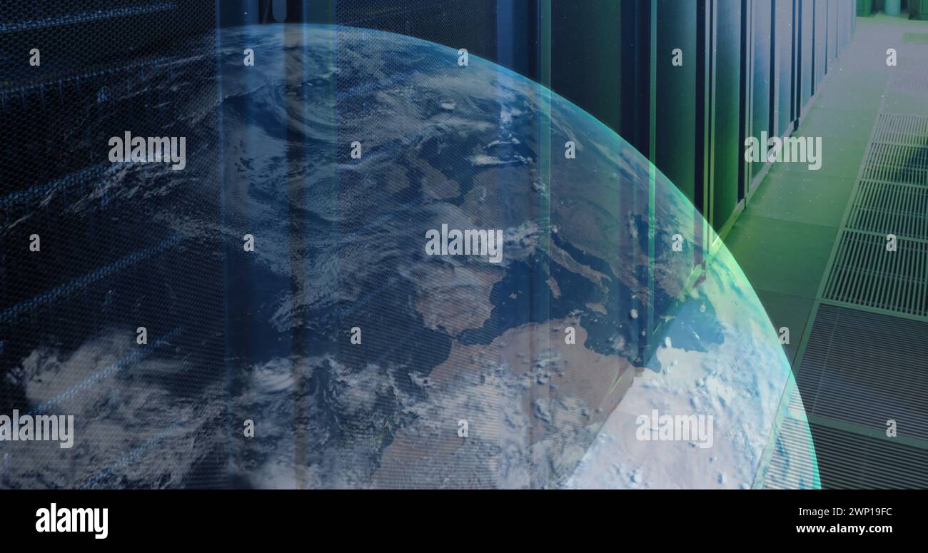 Image of a spinning globe against computer server room Stock Photo - Alamy