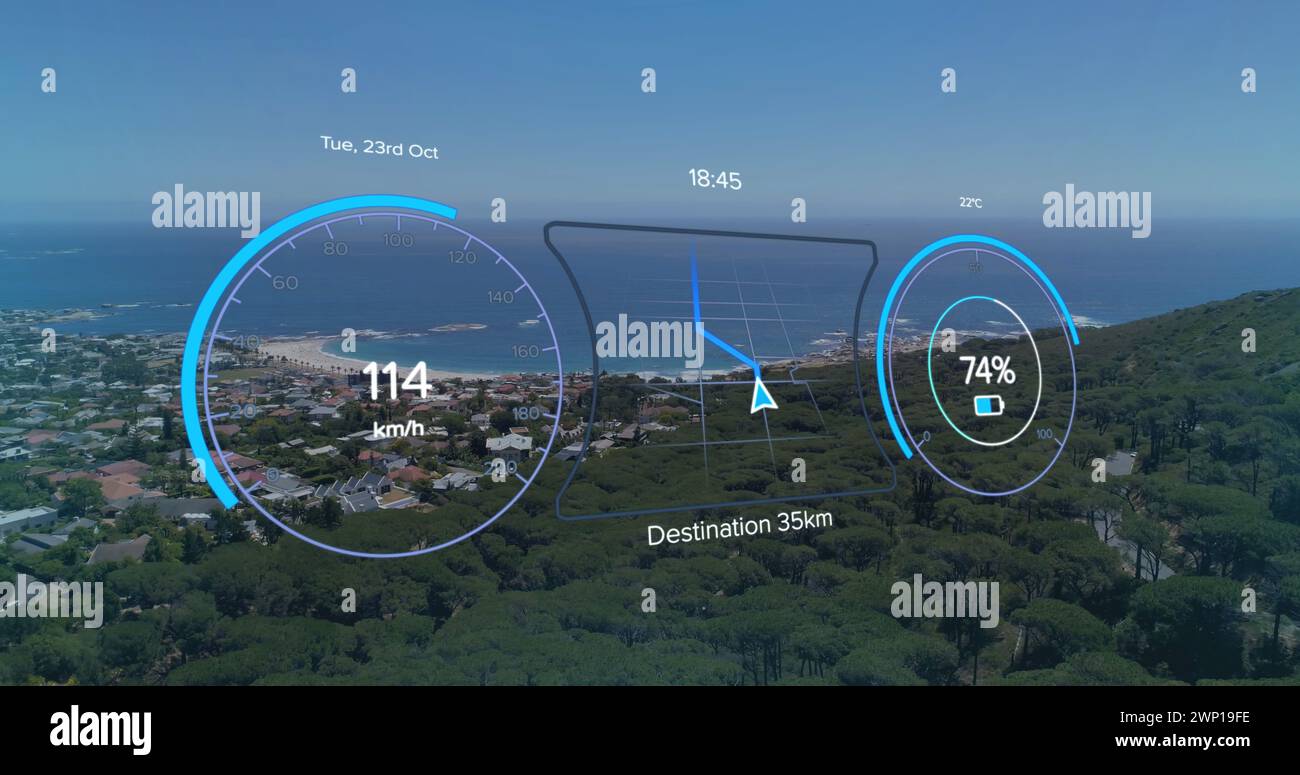Image of interface with charging battery icon and speedometer over cityscape Stock Photo - Alamy