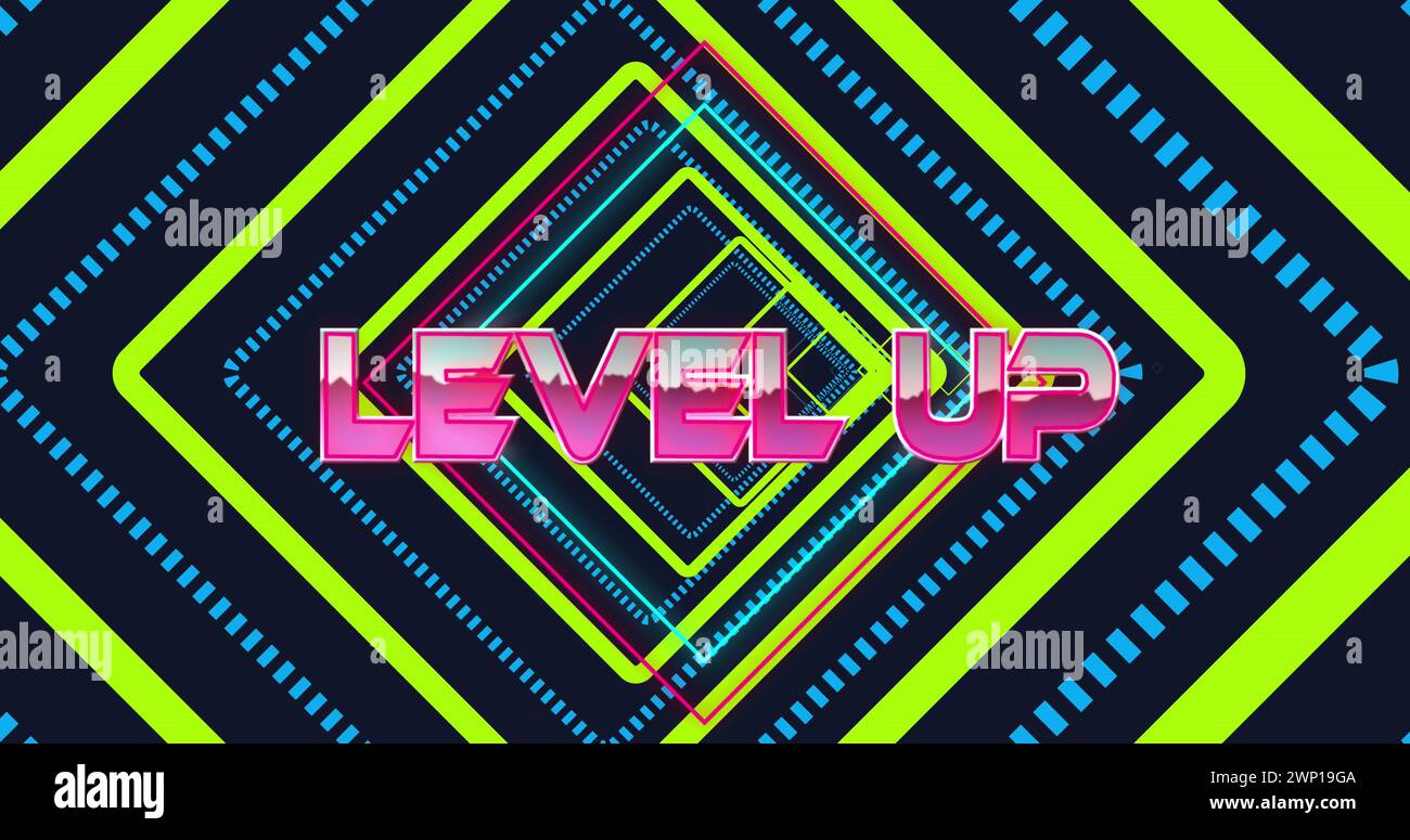 Image of level up text over neon shapes on black background Stock Photo ...