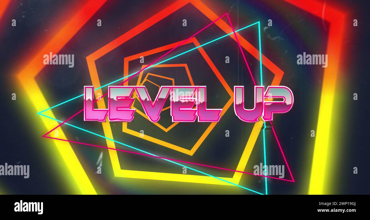 Image of level up text over neon shapes on black background Stock Photo ...