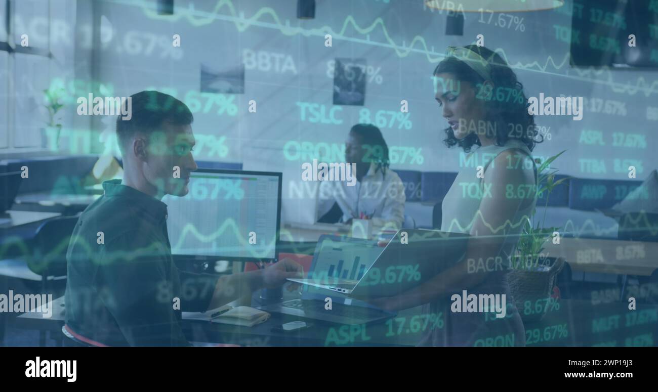 Image of trading board over diverse colleagues discussing strategies in ...