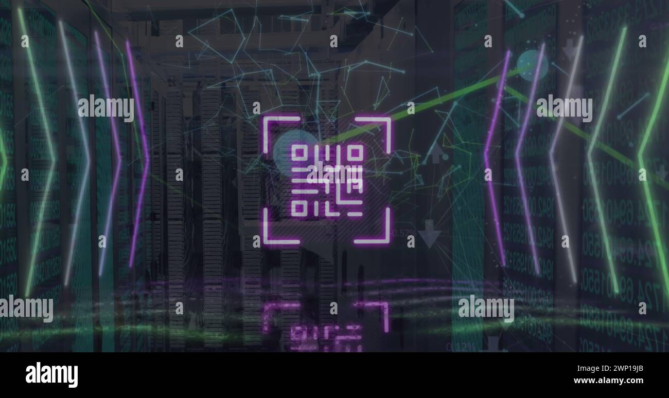 Image of qr code and network of connections over server room Stock ...