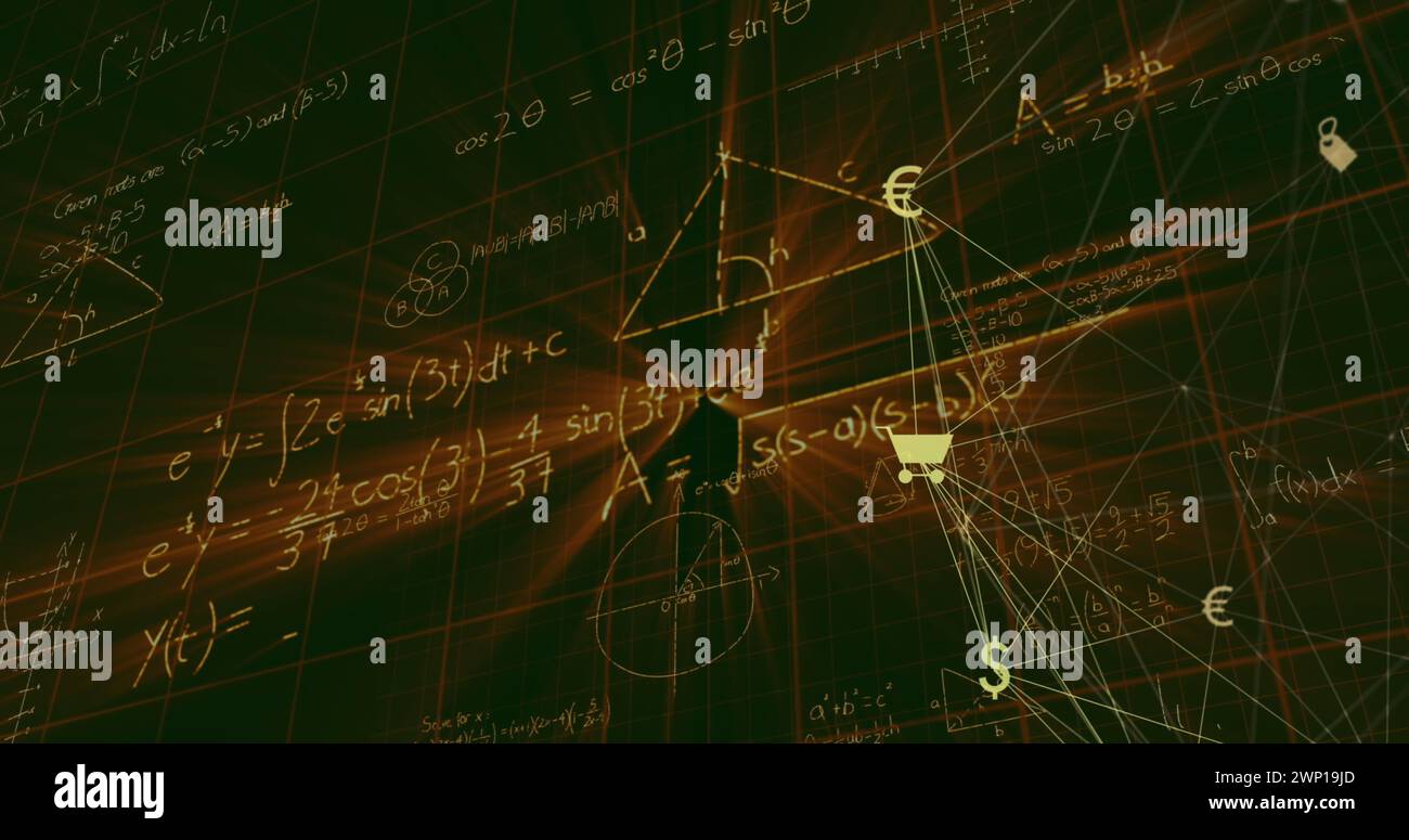 Image of network of connections with icons over mathematical equations ...