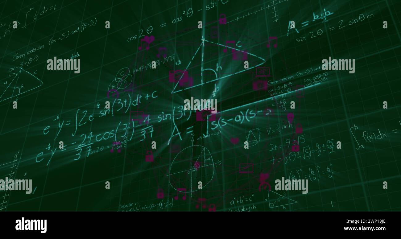 Image of network of connections with icons over mathematical equations ...