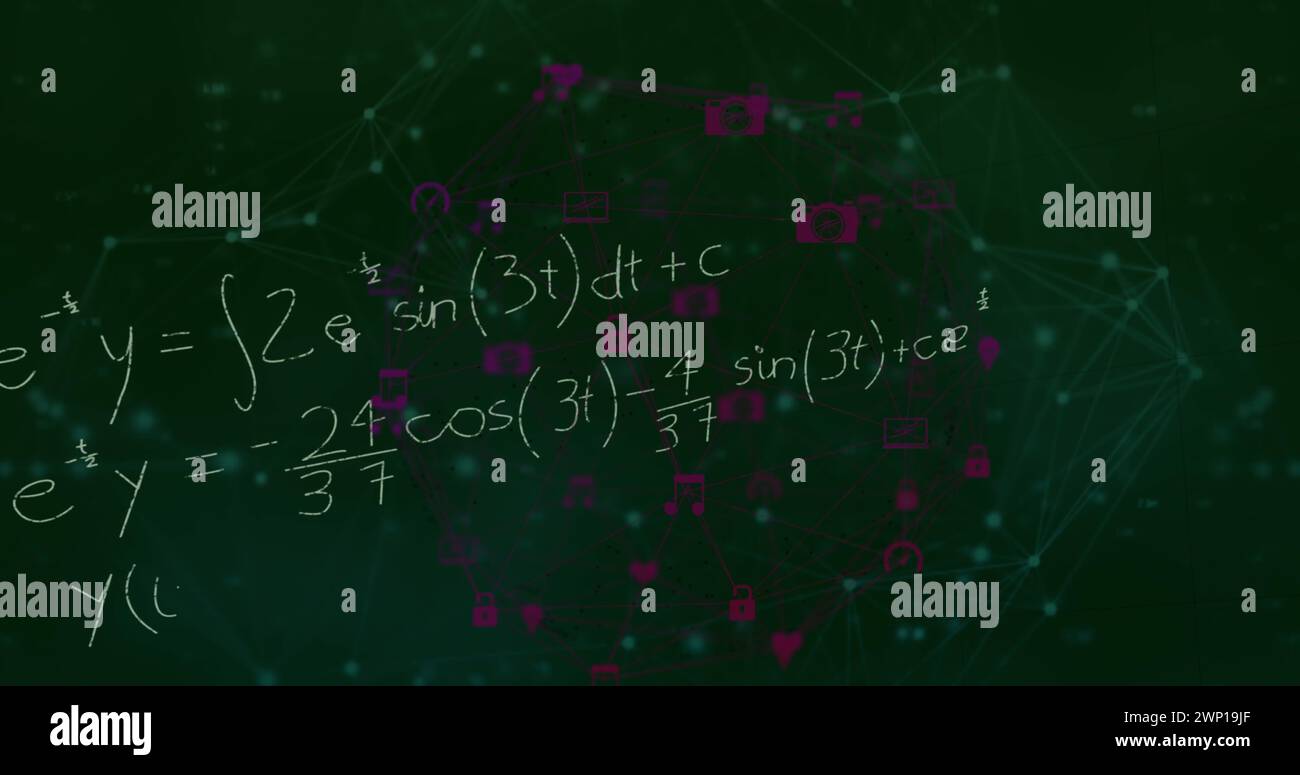 Image of network of connections with icons over mathematical equations ...