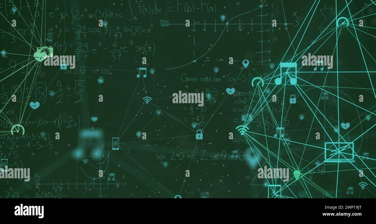 Image of network of connections with icons over mathematical equations ...
