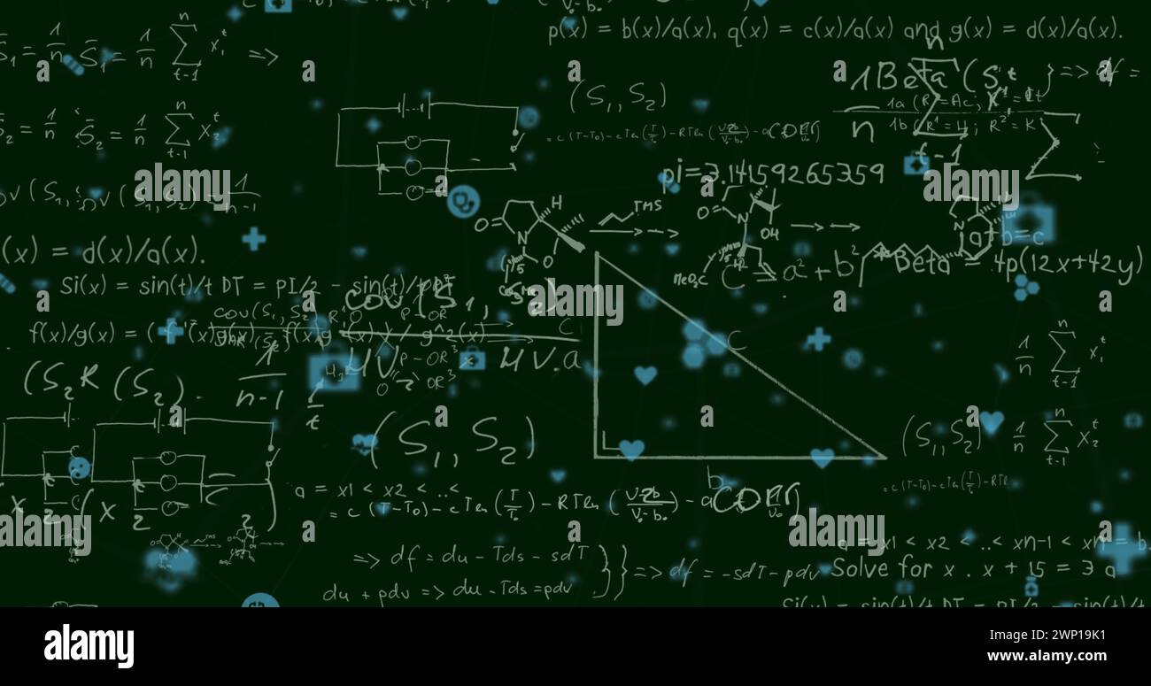 Image of icons over mathematical equations on black background Stock ...