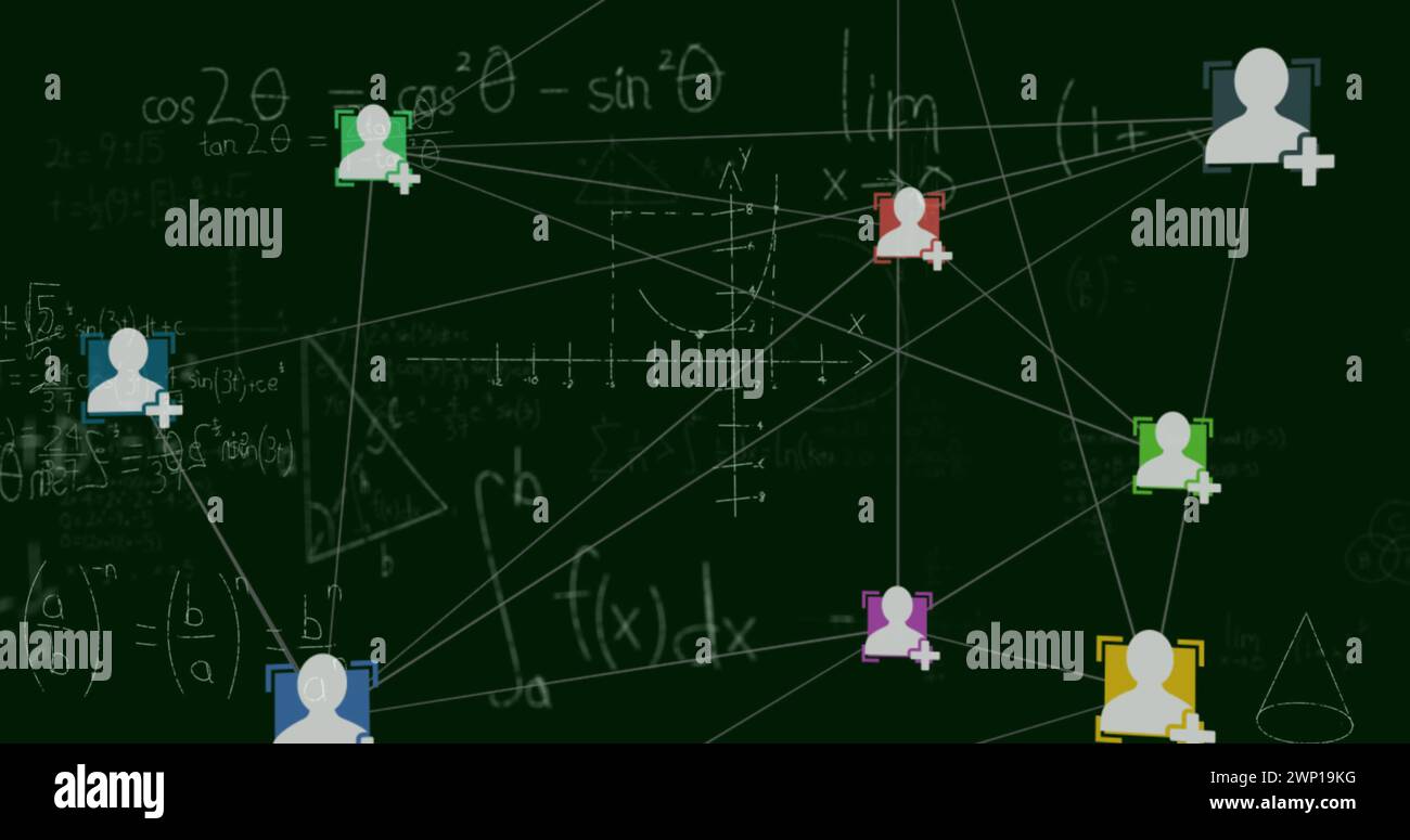 Image of network of connections with icons over mathematical equations ...