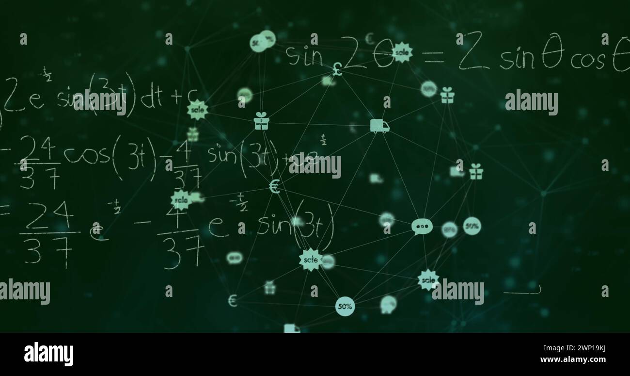 Image of network of connections with icons over mathematical equations ...