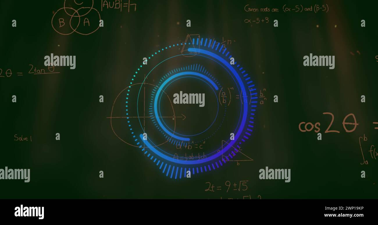 Image of scope scanning over mathematical equations on black background ...