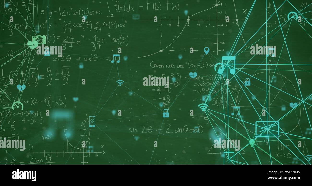 Image of network of connections with icons over mathematical equations ...