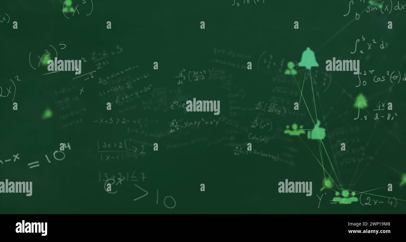 Image of network of connections with icons over mathematical equations ...
