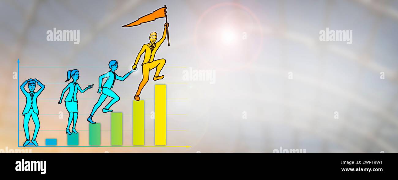 Drawing of young business leader storming uphill to reach the peak of a ...