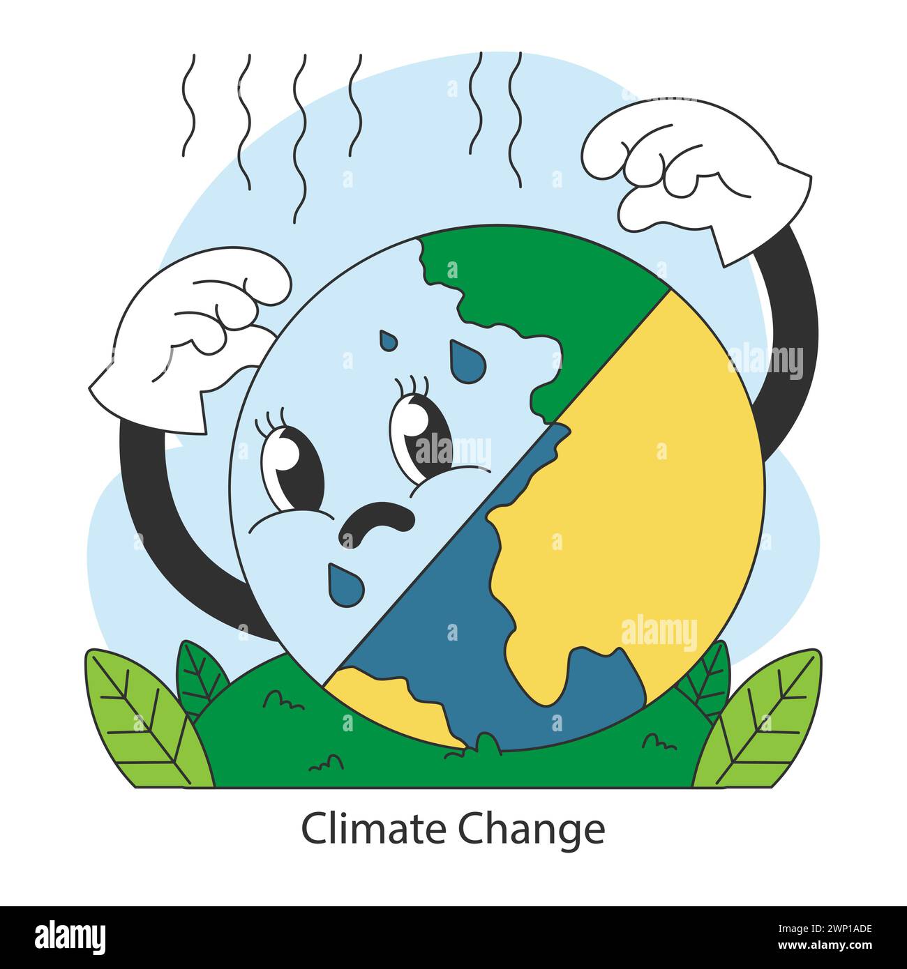 Climate change. Distressed Earth cartoon character wiping sweat. Rising ...