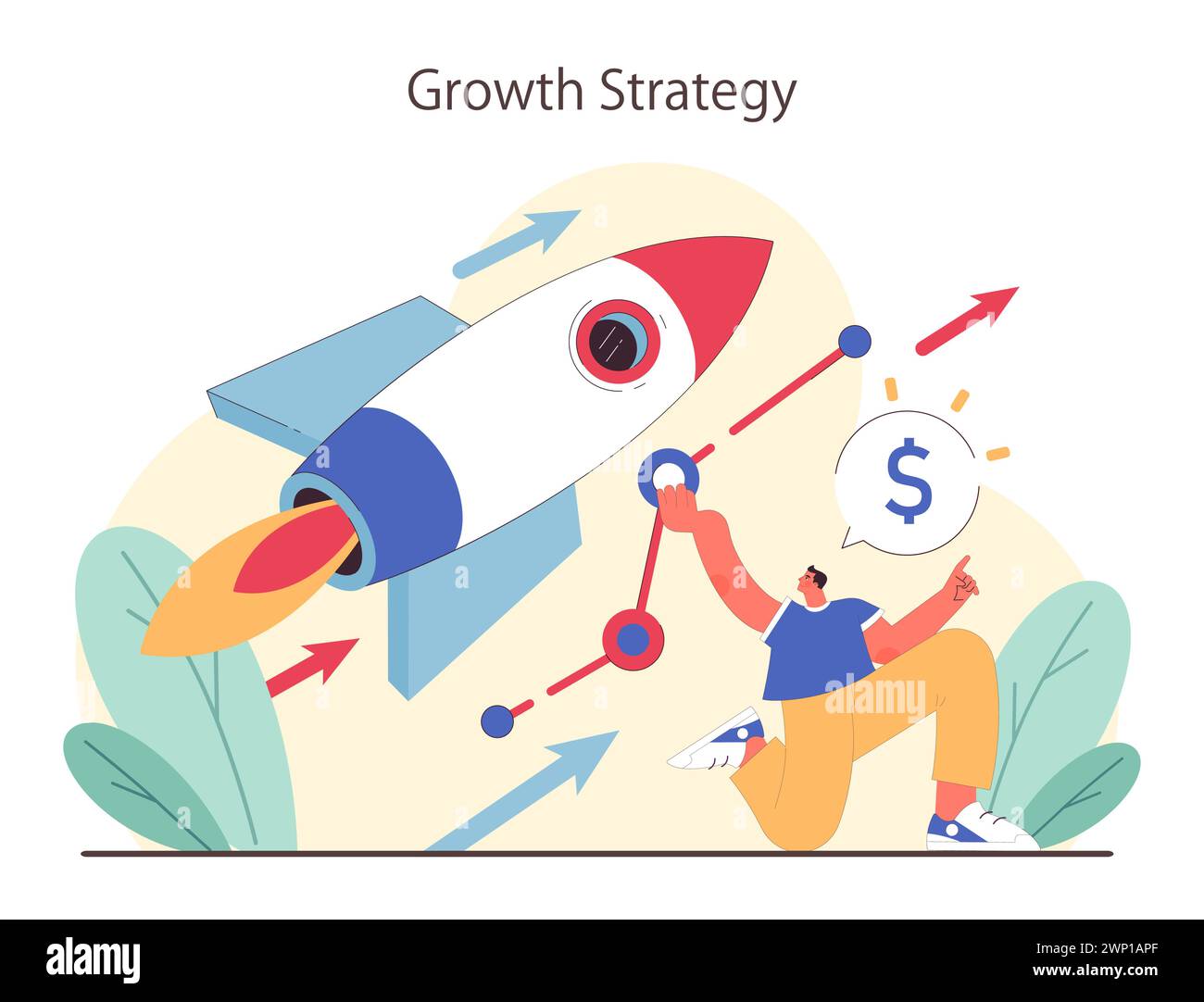 Growth Strategy concept. Enthusiastic man boosts business with rocket ...