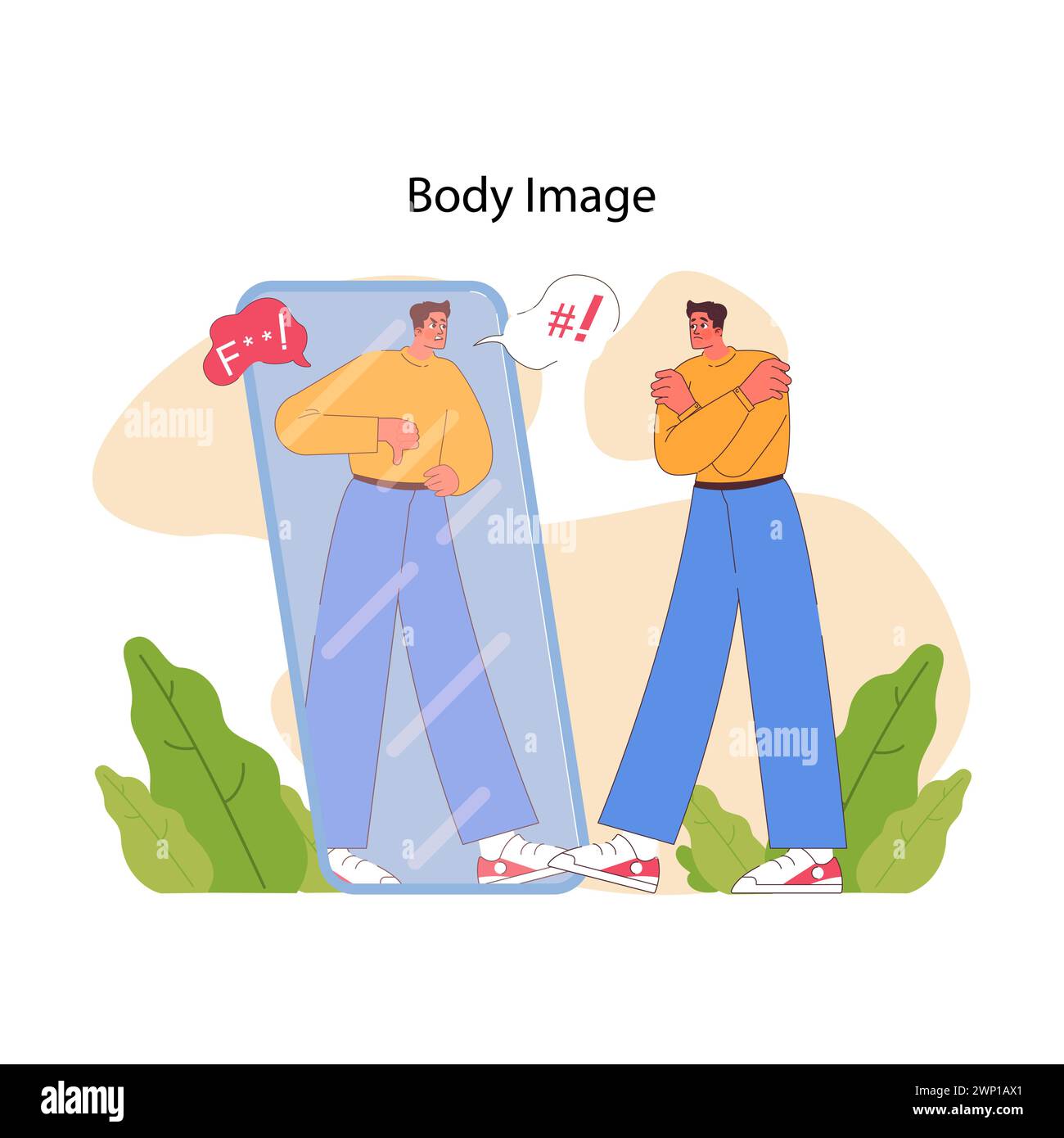 Body image struggles concept. Young man critically examines himself in ...