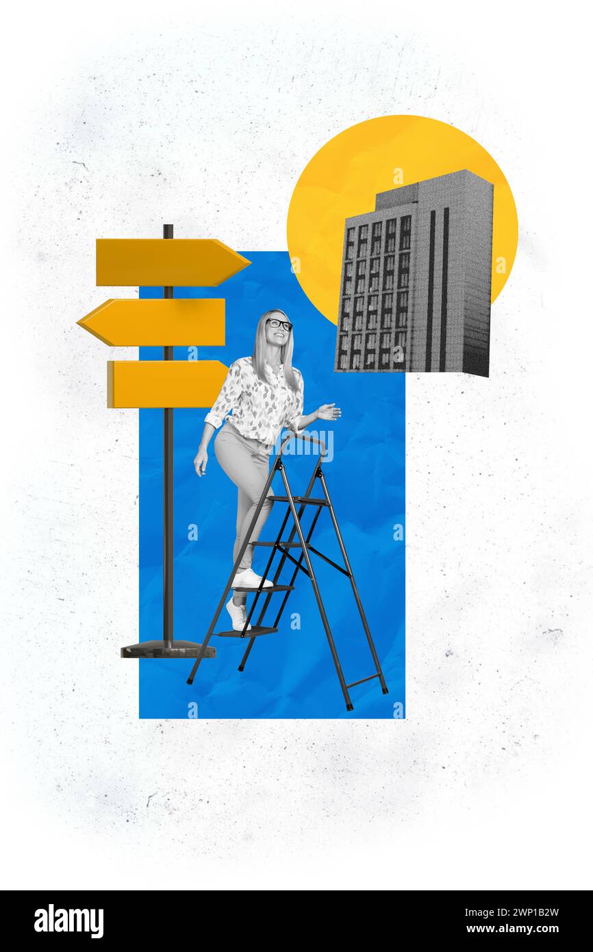 Vertical collage image of successful black white effect girl climb ...