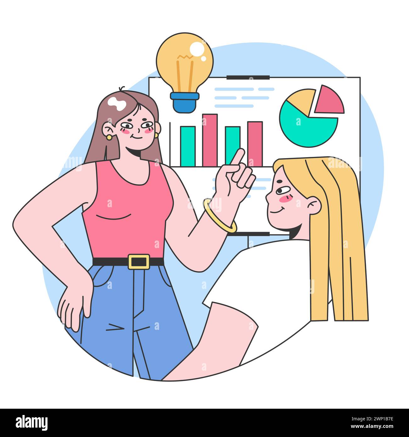 Brainstorming session concept. Two enthusiastic women discuss data ...