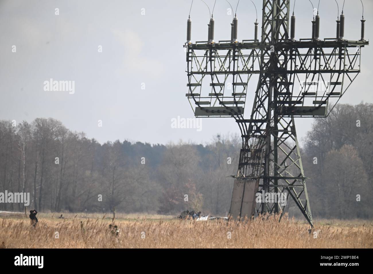 05 March 2024, Brandenburg, Spreenhagen: A burnt electricity pylon ...