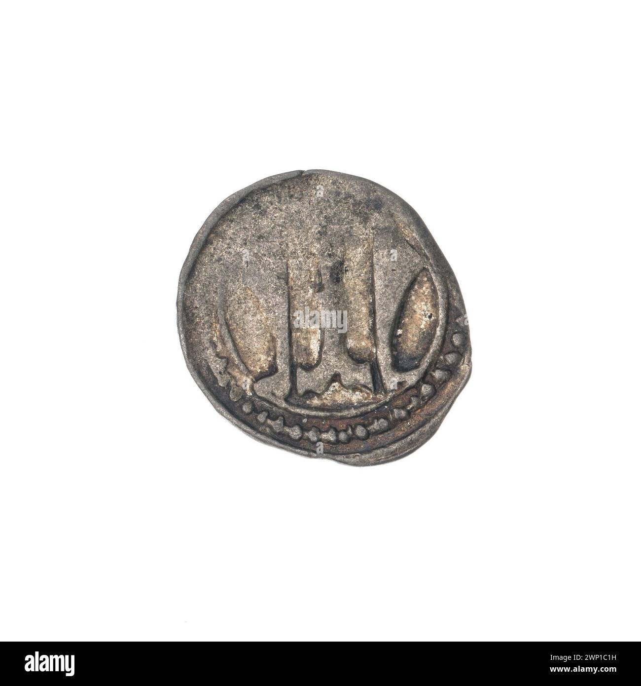 A 15th-century heller coin depicting buildings, letter M, city coin designs, and tower motifs ...