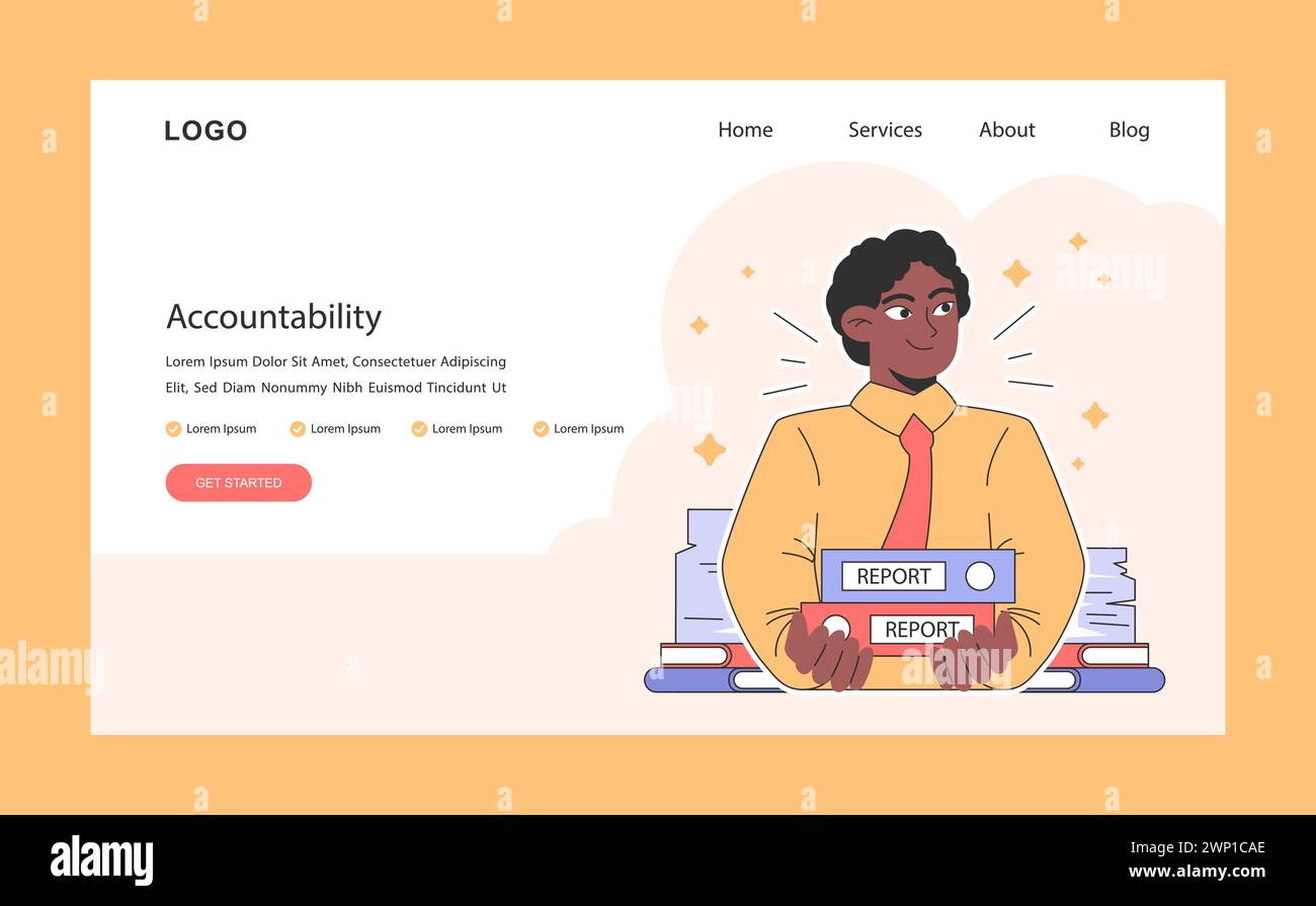 Accountability web or landing. Dedicated male employee holds reports, signifying responsibility ...