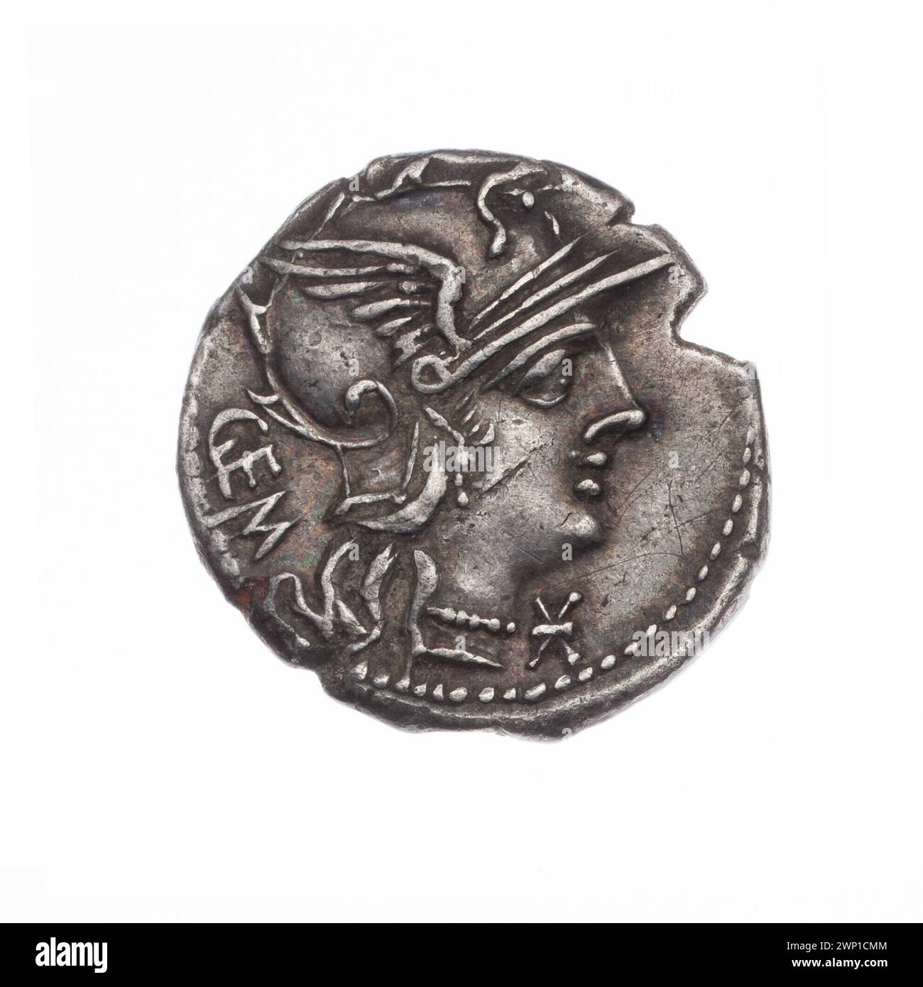 A 134 BC Roman denarius minted by C. Aburius Geminus depicting Mars on ...