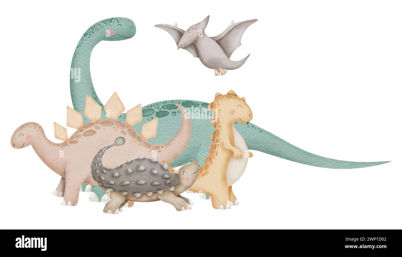 Dinosaurs Watercolor illustration. Hand drawn on isolated white ...