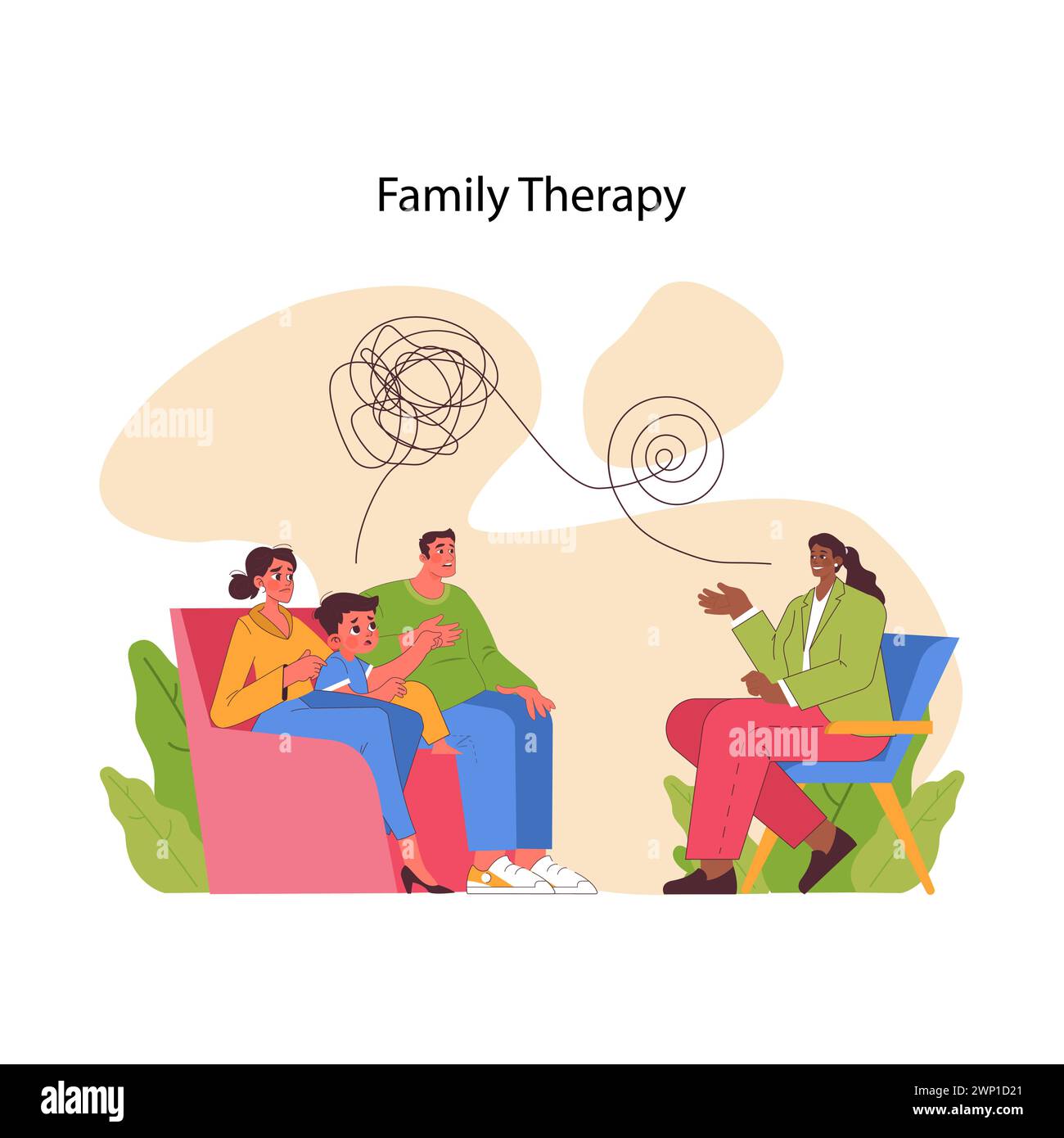 Family therapy concept. Parents and child engaging in conversation with therapist, unraveling ...
