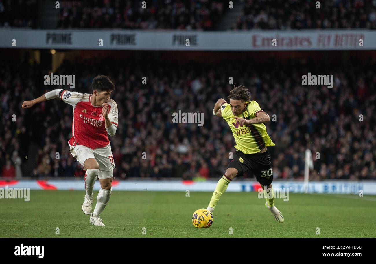 Luca Koleosho on the ball during the Arsenal v Burnley FC at the ...
