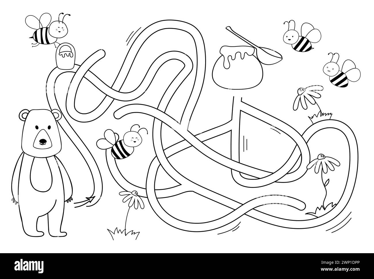 Vector maze isolated on white background. Help the bear find a pot of ...