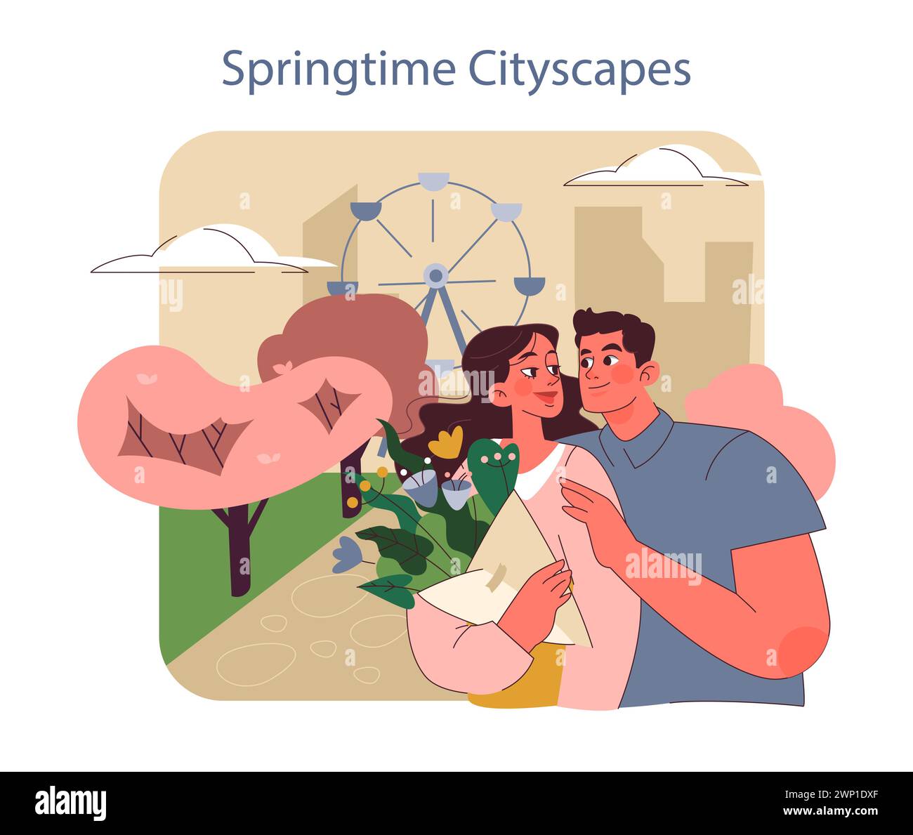 Springtime Cityscapes theme. A couple shares a tender moment in a park ...