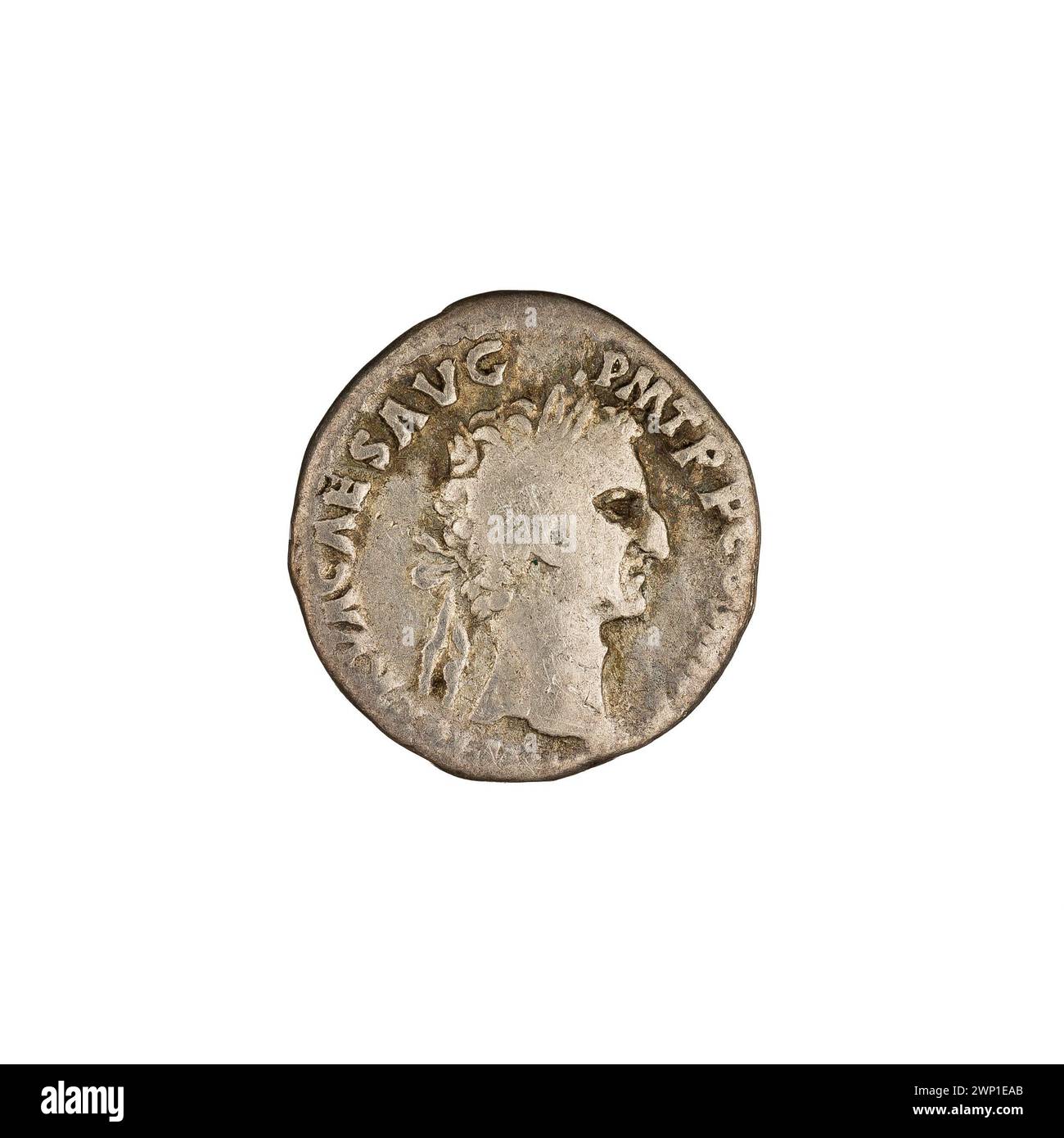 Roman denarius of Emperor Nerva (97 AD) depicting seated Salus with ...