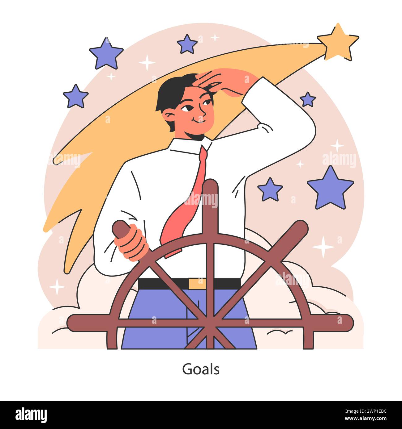 Life navigation. Man steering a ship wheel towards goals with vision ...