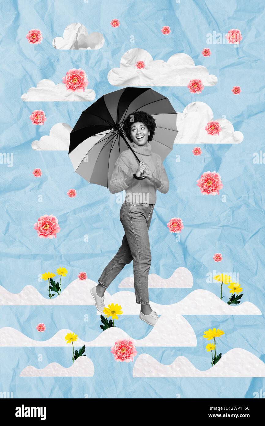 Creative vertical collage picture young girl walk under rain parasol ...