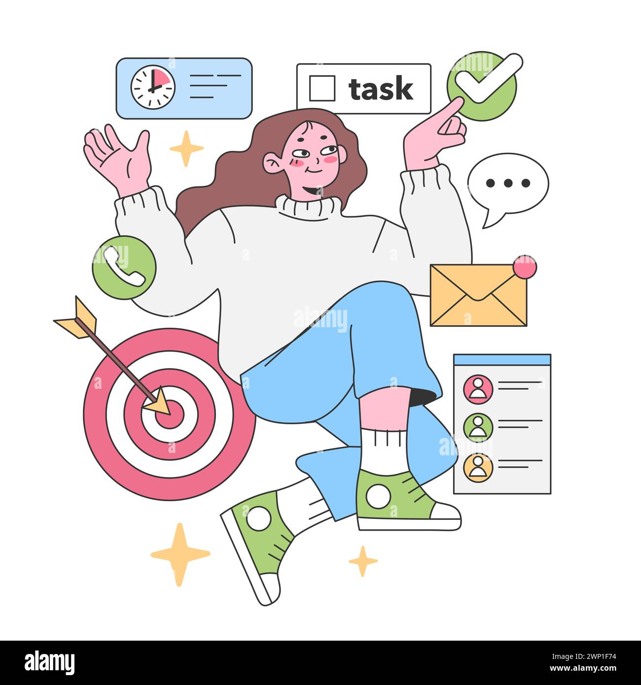 Task mastery concept. Energetic woman juggles time, messages, and ...