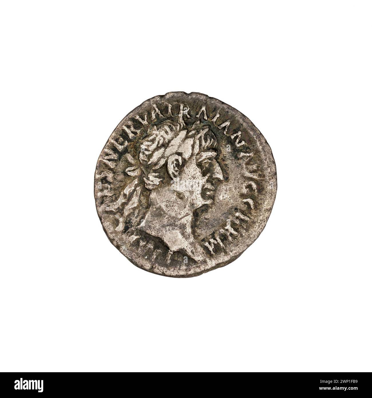 A Roman denarius coin from 98-99 AD depicting Emperor Trajan, featuring ...