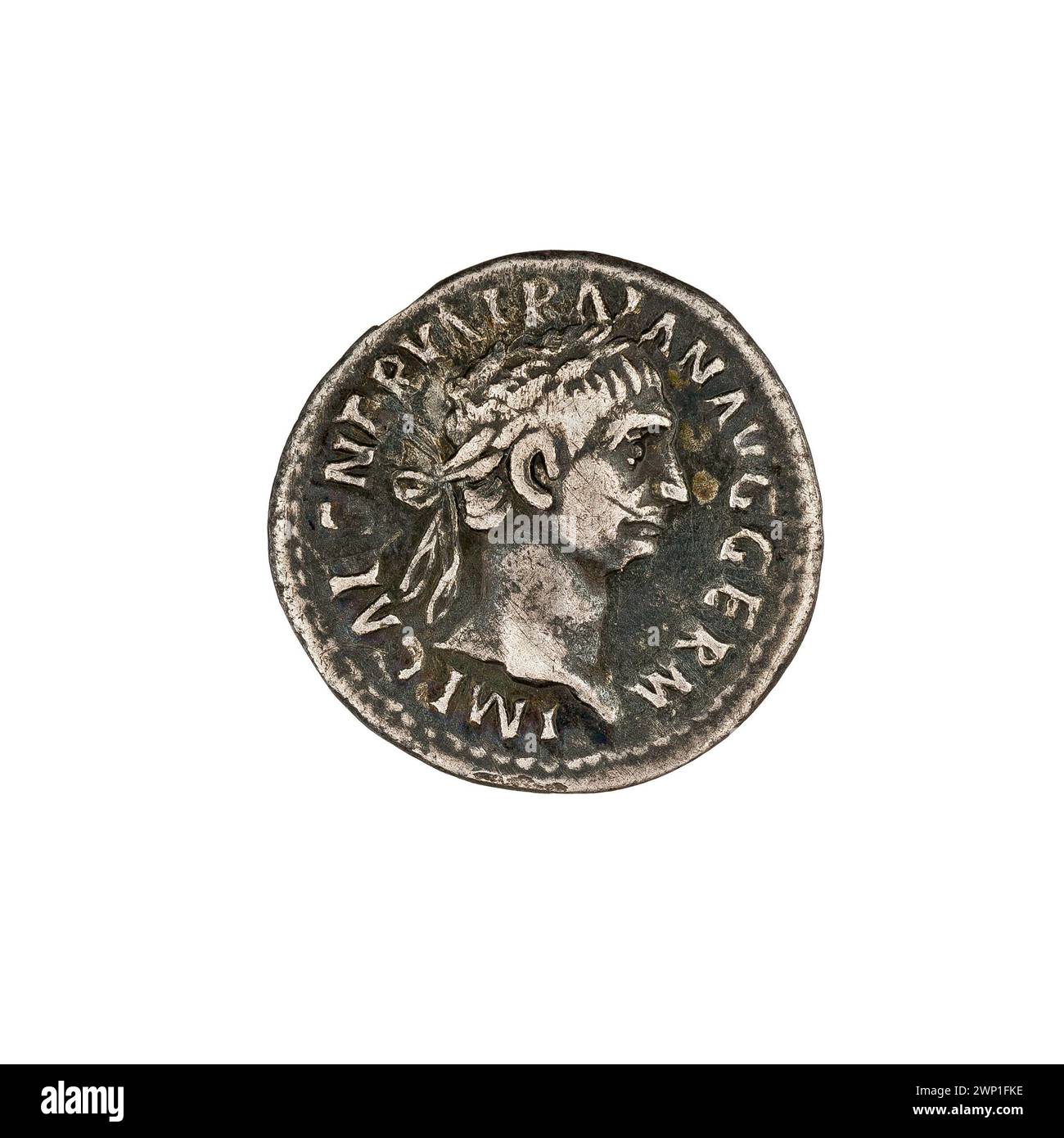 Denarius coin issued in 98-99 AD showing Roman Emperor Trajan and ...