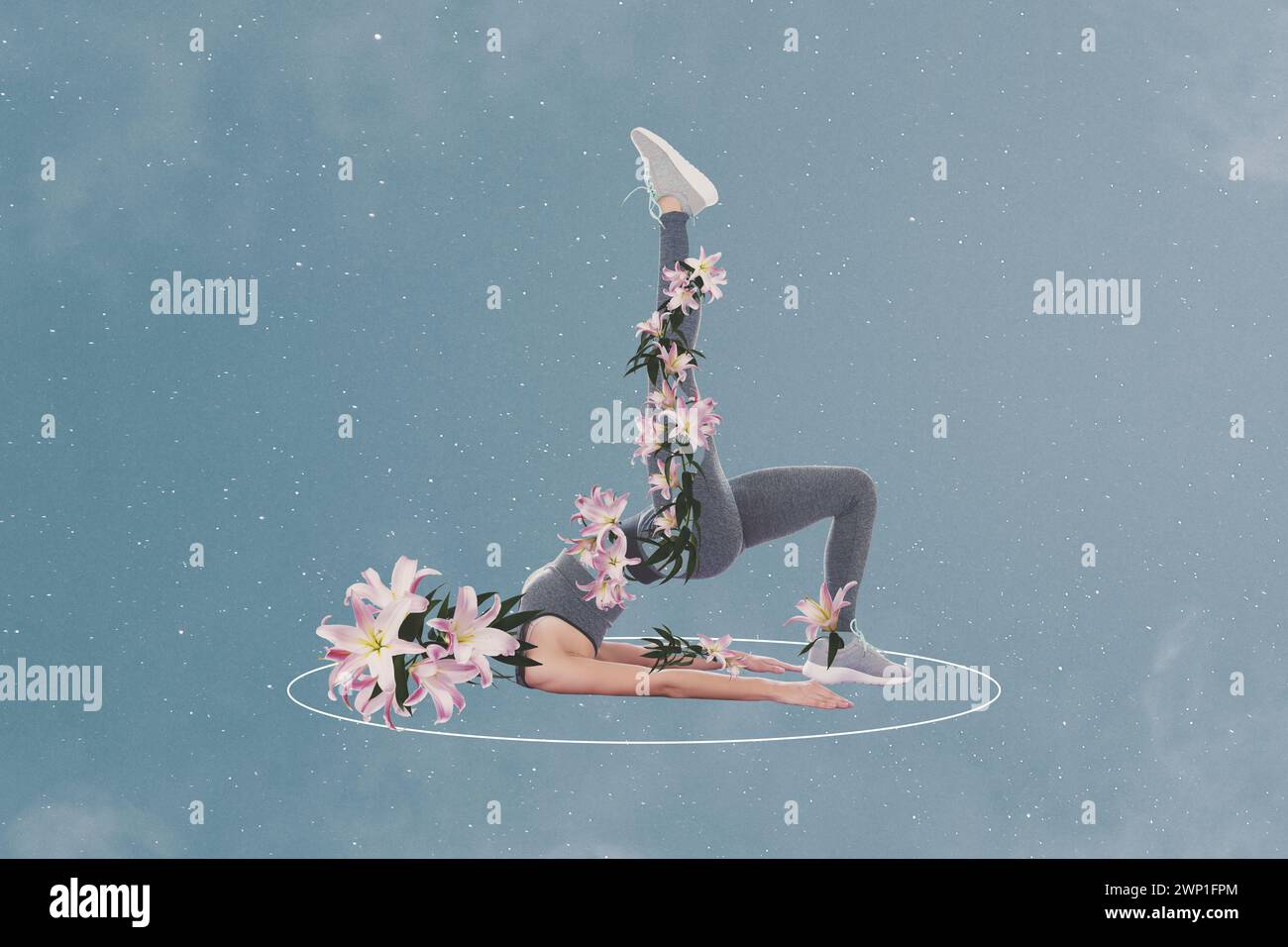 Photo collage picture lying young headless girl sportive exercise raise ...