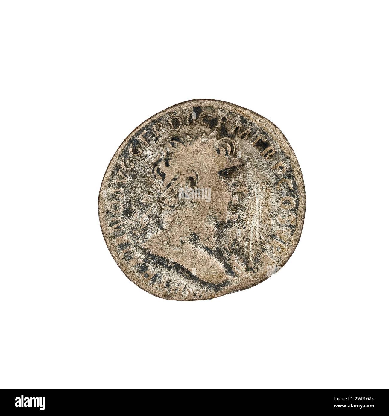 Roman denarius dated 101-102 AD showing heads, prisoners, trophies, and ...