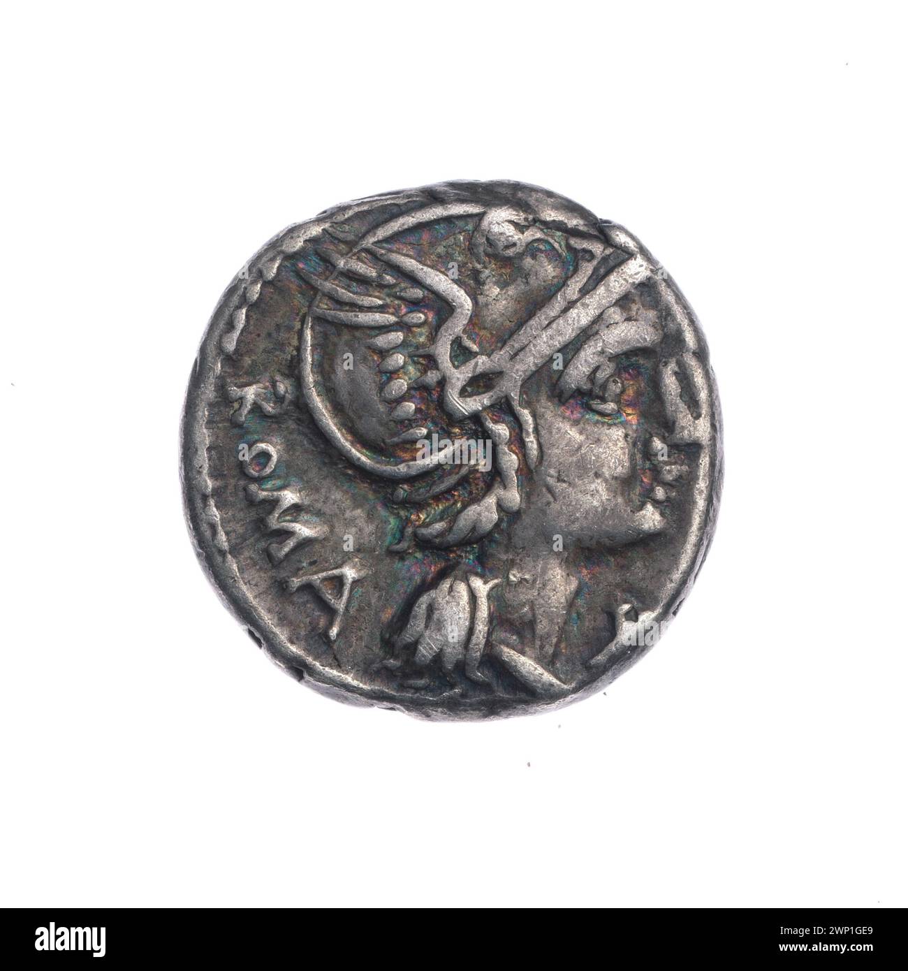 109-108 BC denarius by Flaminius Chilo showing Roma in a helmet and ...