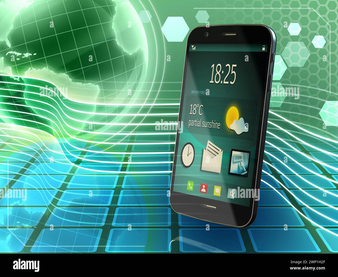 Generic smartphone over an high technology background. Digital ...