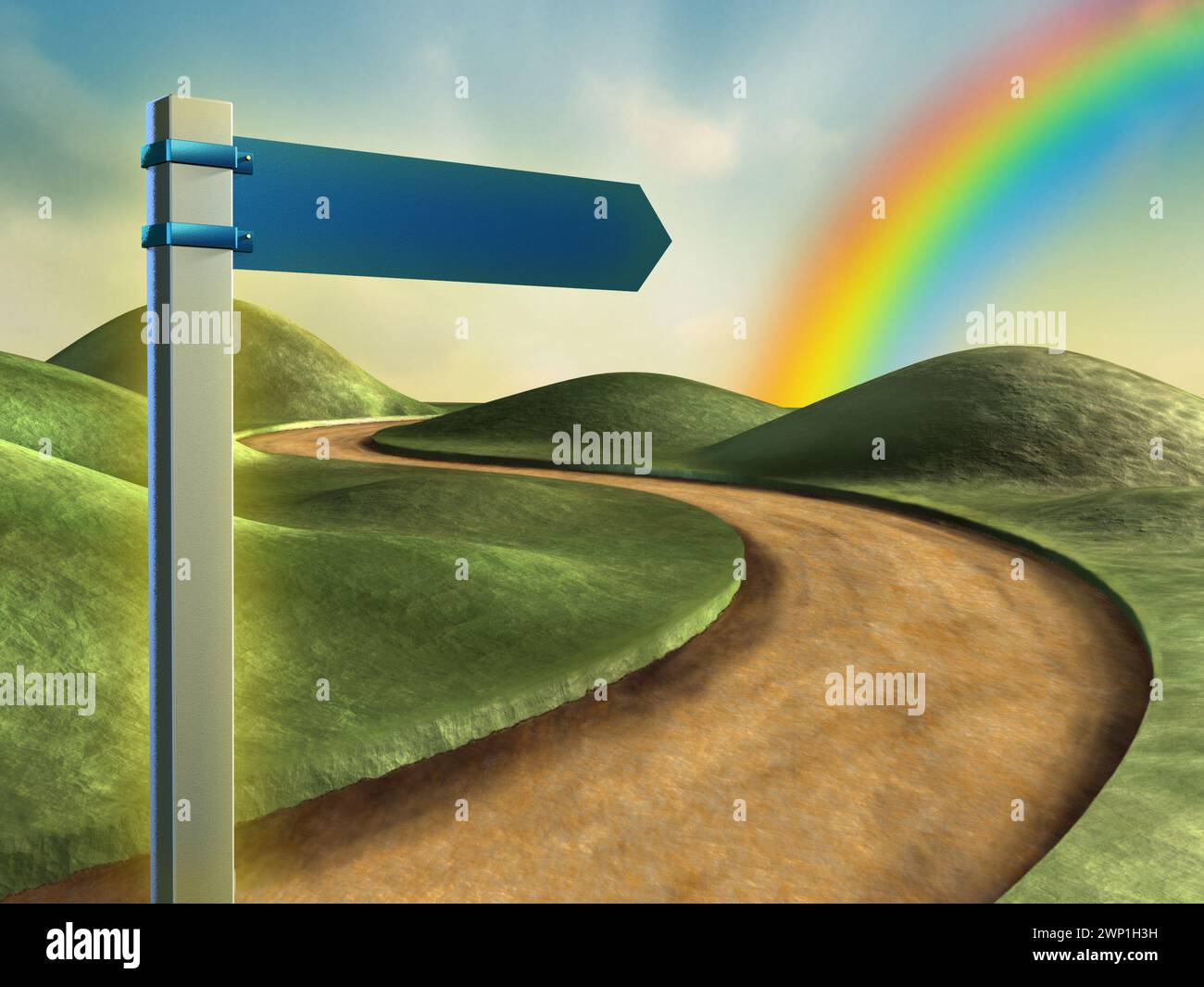 Road sign pointing toward a rainbow in the sky. Digital illustration ...