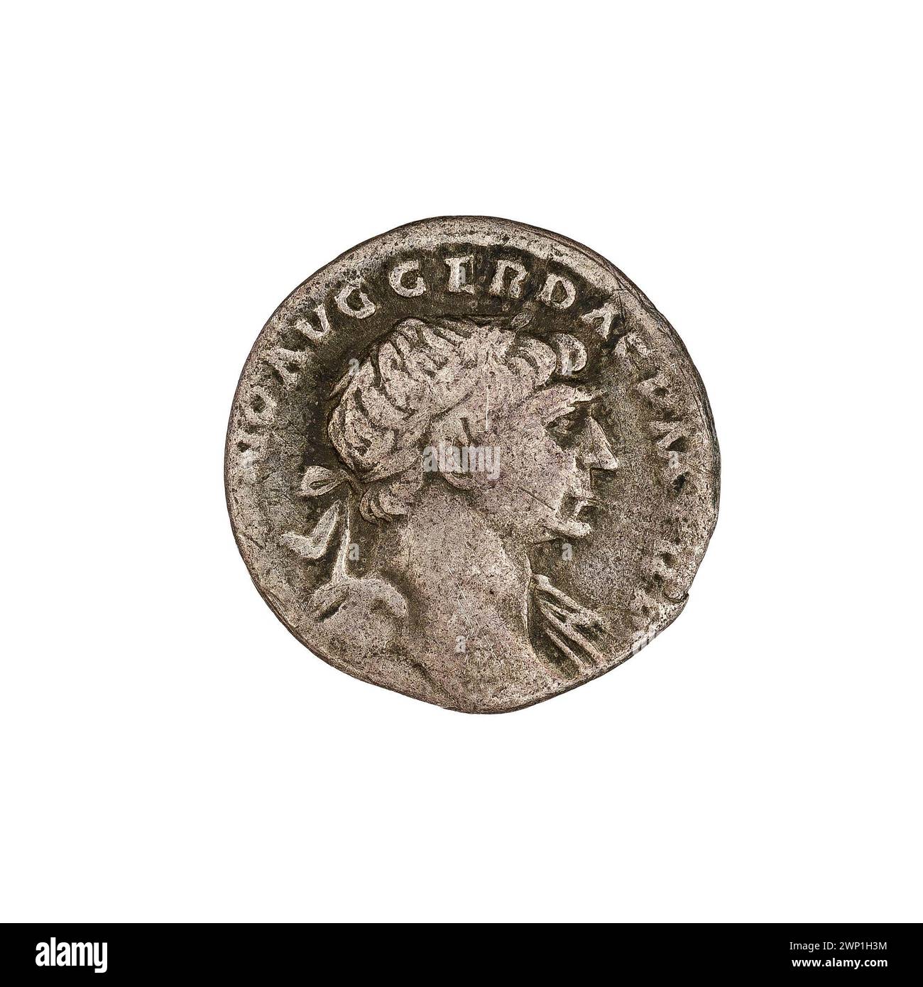 Denarius coin of Roman Emperor Trajan (103–111 AD) depicting heads ...